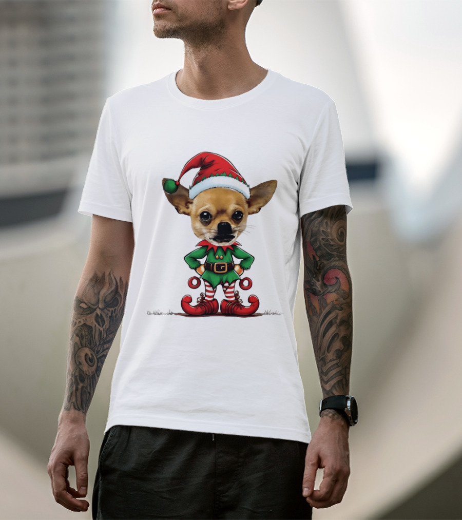 Chihuahua Elf Christmas 2026 Humor Meme Festive Dog In Santa Hat And Green Elf Outfit T-Shirt