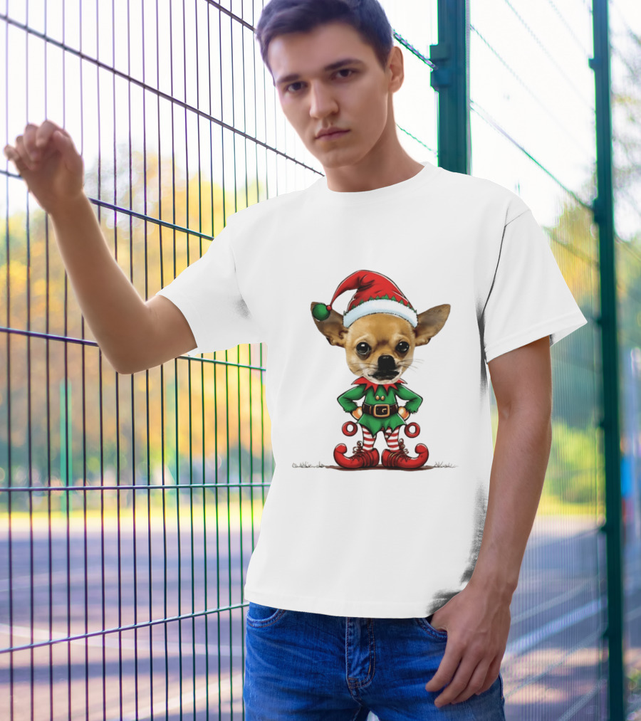 Chihuahua Elf Christmas 2026 Humor Meme Festive Dog In Santa Hat And Green Elf Outfit T-Shirt