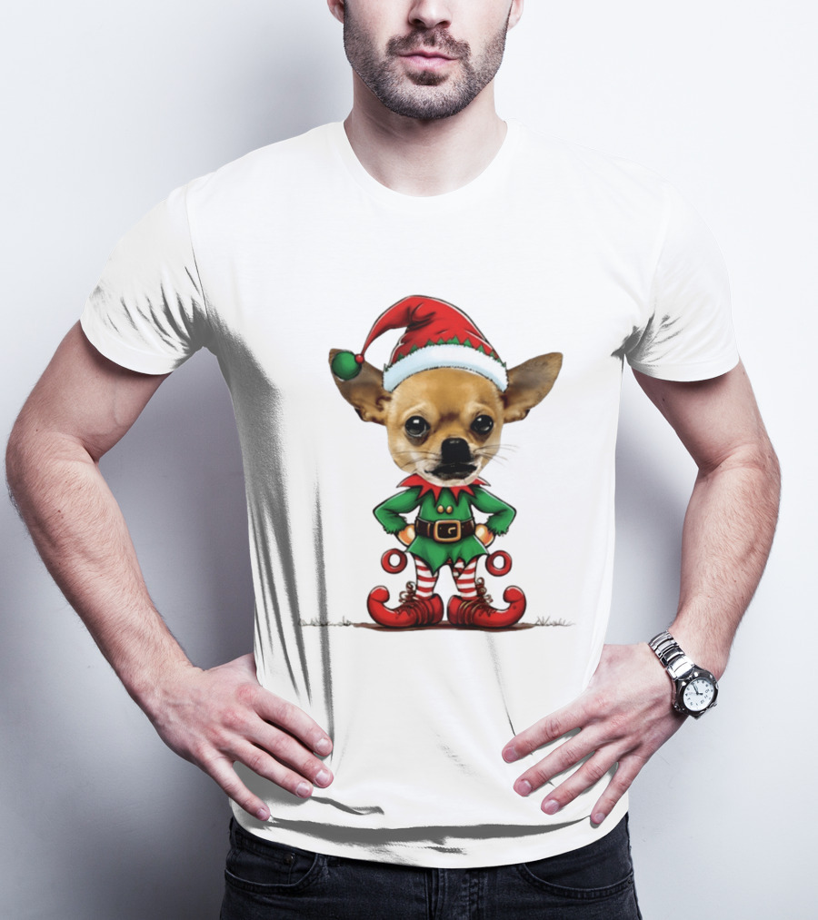 Chihuahua Elf Christmas 2026 Humor Meme Festive Dog In Santa Hat And Green Elf Outfit T-Shirt