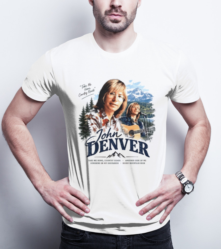 John Denver Take Me Home Country Roads Lyrics Mountains Forest Guitar Scene T-Shirt
