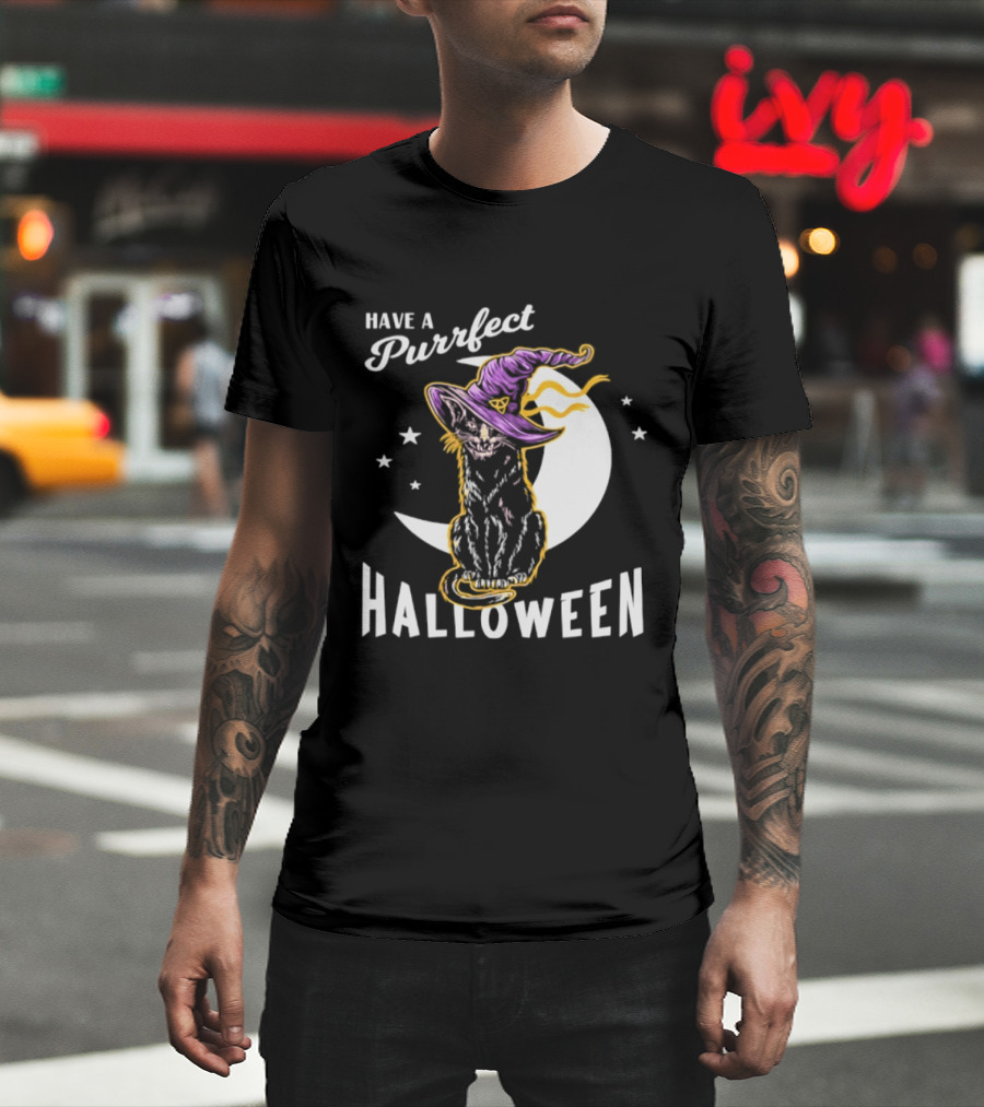 Have A Purrfect Halloween Black Cat And Moon With Witch Hat T-Shirt