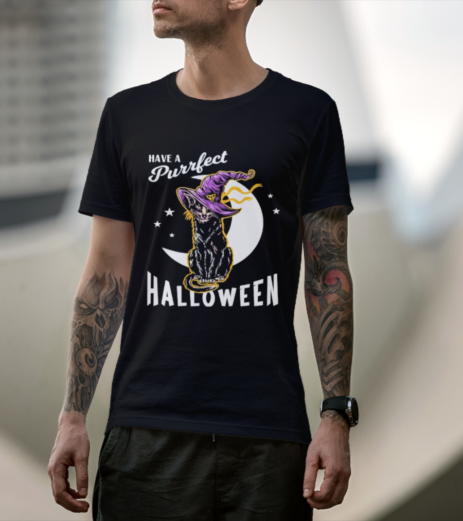 Have A Purrfect Halloween Black Cat And Moon With Witch Hat T-Shirt