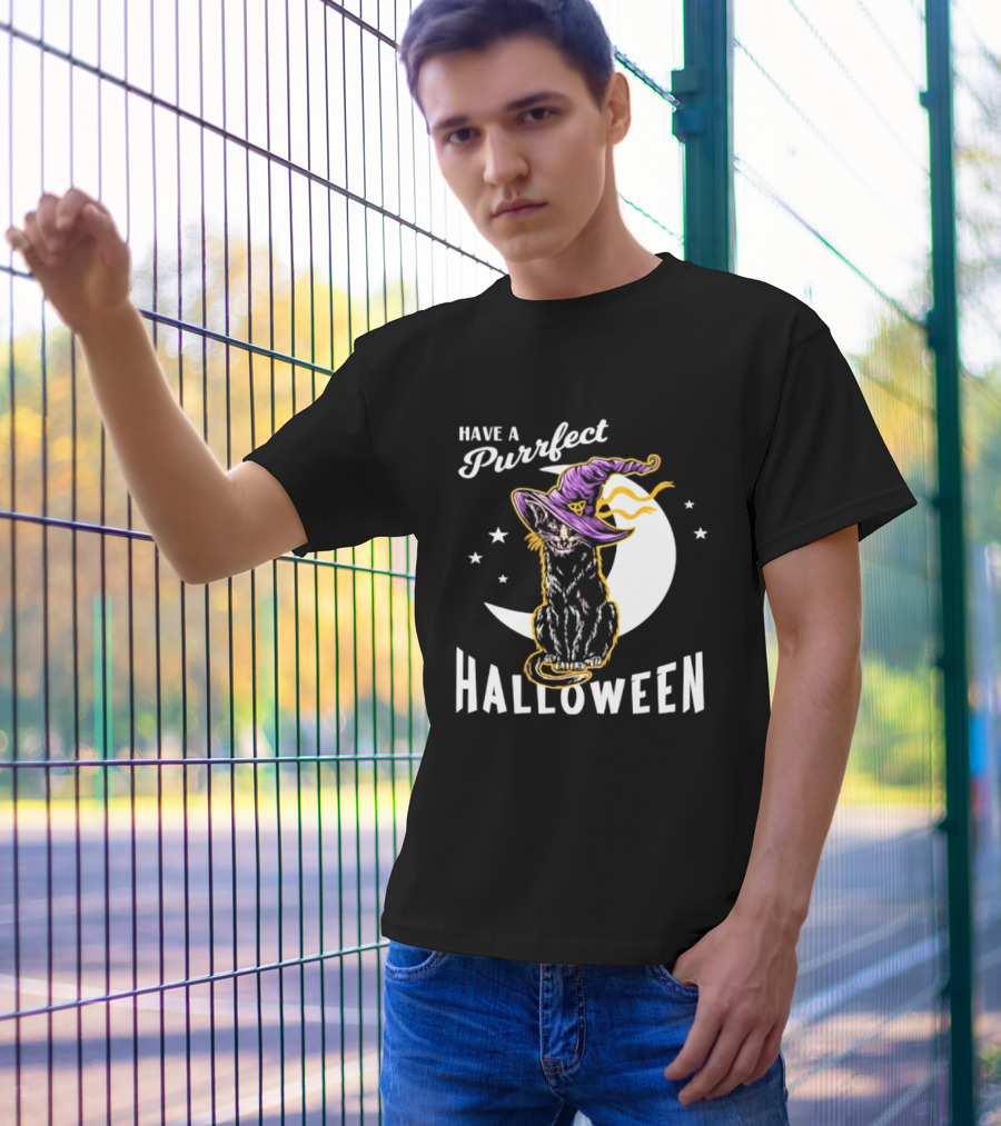 Have A Purrfect Halloween Black Cat And Moon With Witch Hat T-Shirt