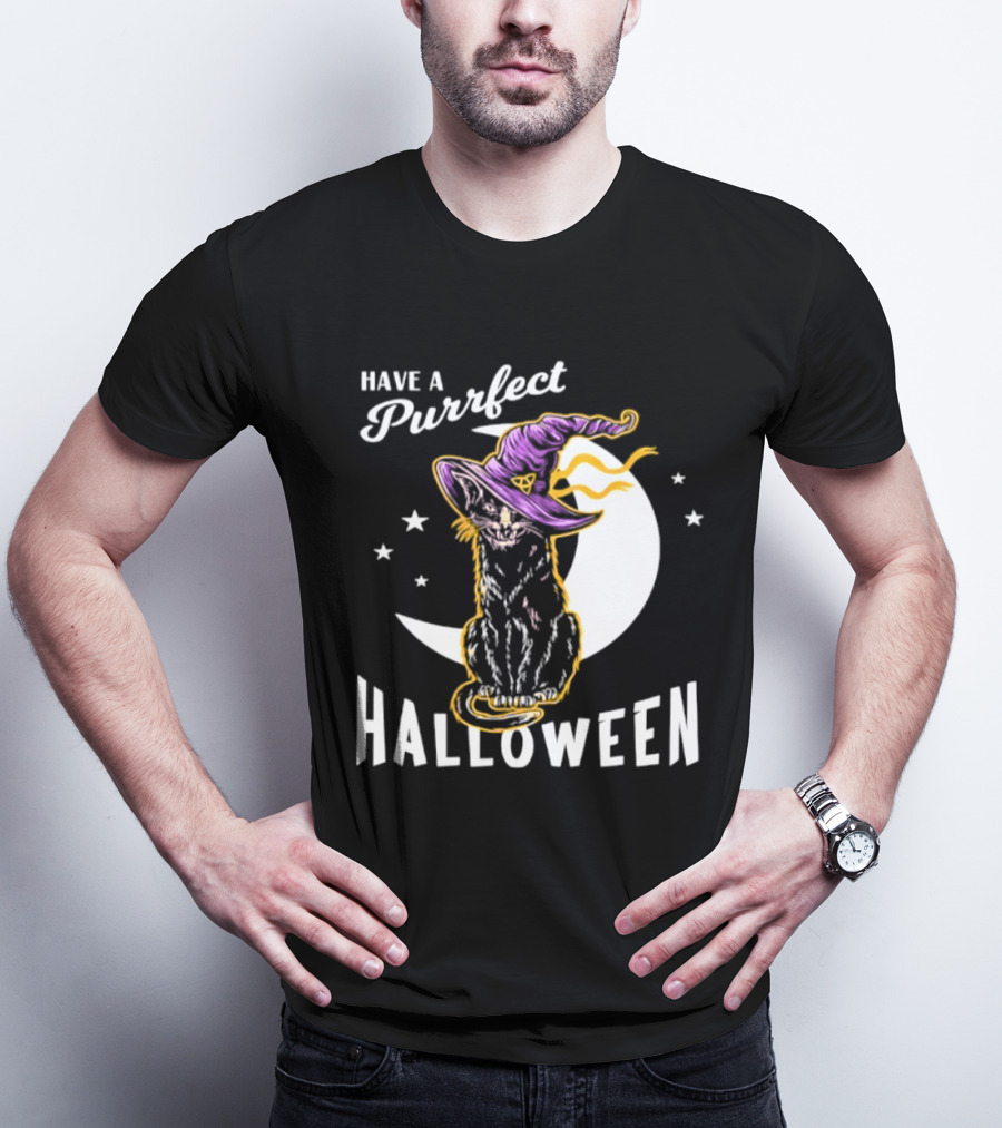 Have A Purrfect Halloween Black Cat And Moon With Witch Hat T-Shirt