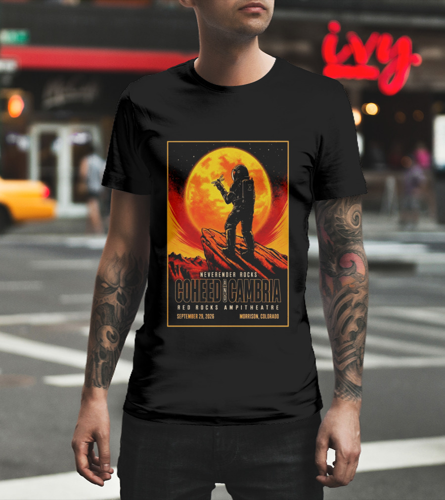Neverender Rocks Coheed And Cambria Red Rocks Ampitheatre Morrison Colorado September 29 2026 Astronaut Orange Moon Scene T-Shirt