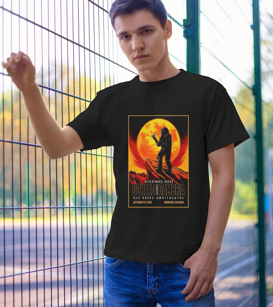 Neverender Rocks Coheed And Cambria Red Rocks Ampitheatre Morrison Colorado September 29 2026 Astronaut Orange Moon Scene T-Shirt