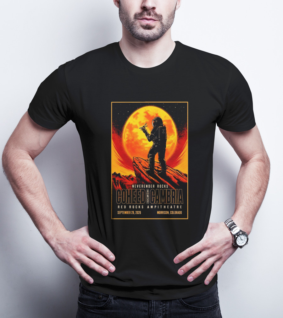 Neverender Rocks Coheed And Cambria Red Rocks Ampitheatre Morrison Colorado September 29 2026 Astronaut Orange Moon Scene T-Shirt