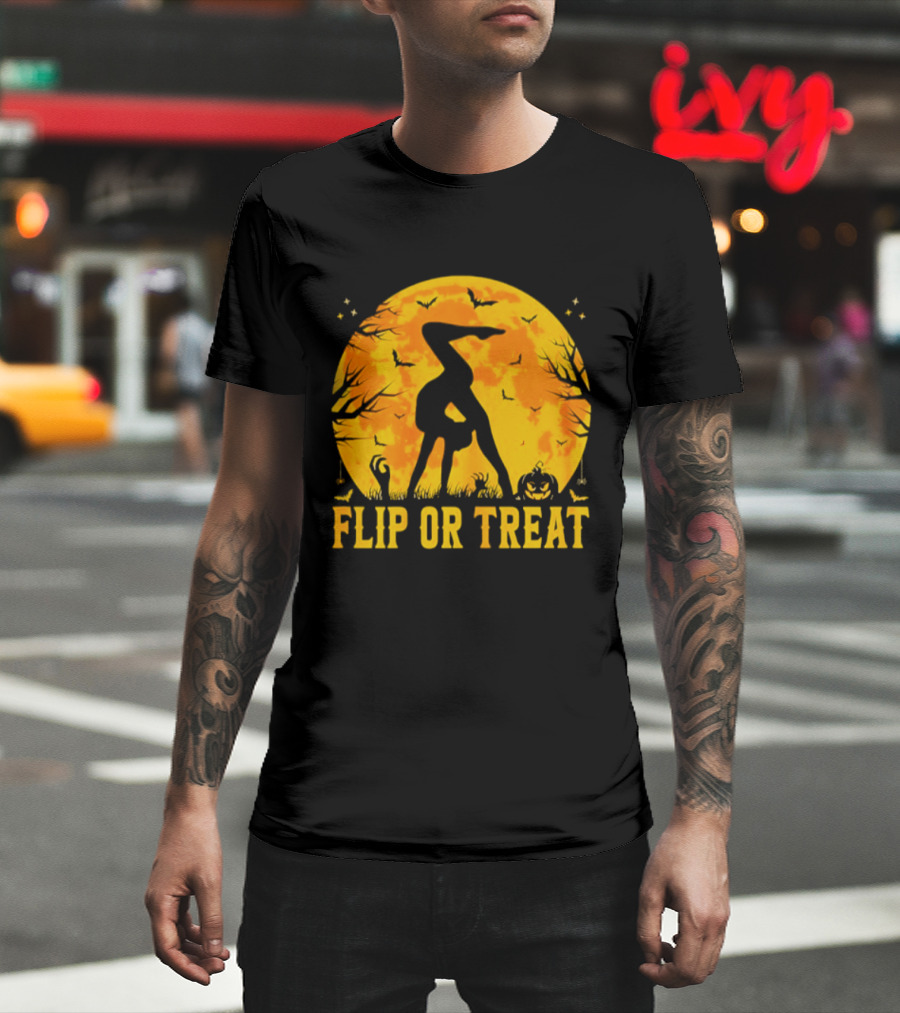 Flip Or Treat Halloween Gymnastics Moon Silhouette Spooky Pumpkin T-Shirt