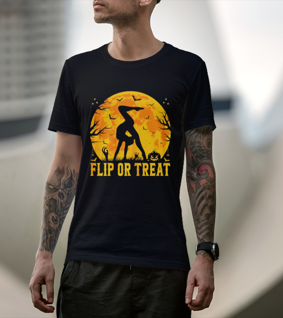 Flip Or Treat Halloween Gymnastics Moon Silhouette Spooky Pumpkin T-Shirt
