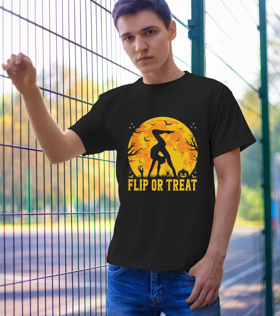 Flip Or Treat Halloween Gymnastics Moon Silhouette Spooky Pumpkin T-Shirt