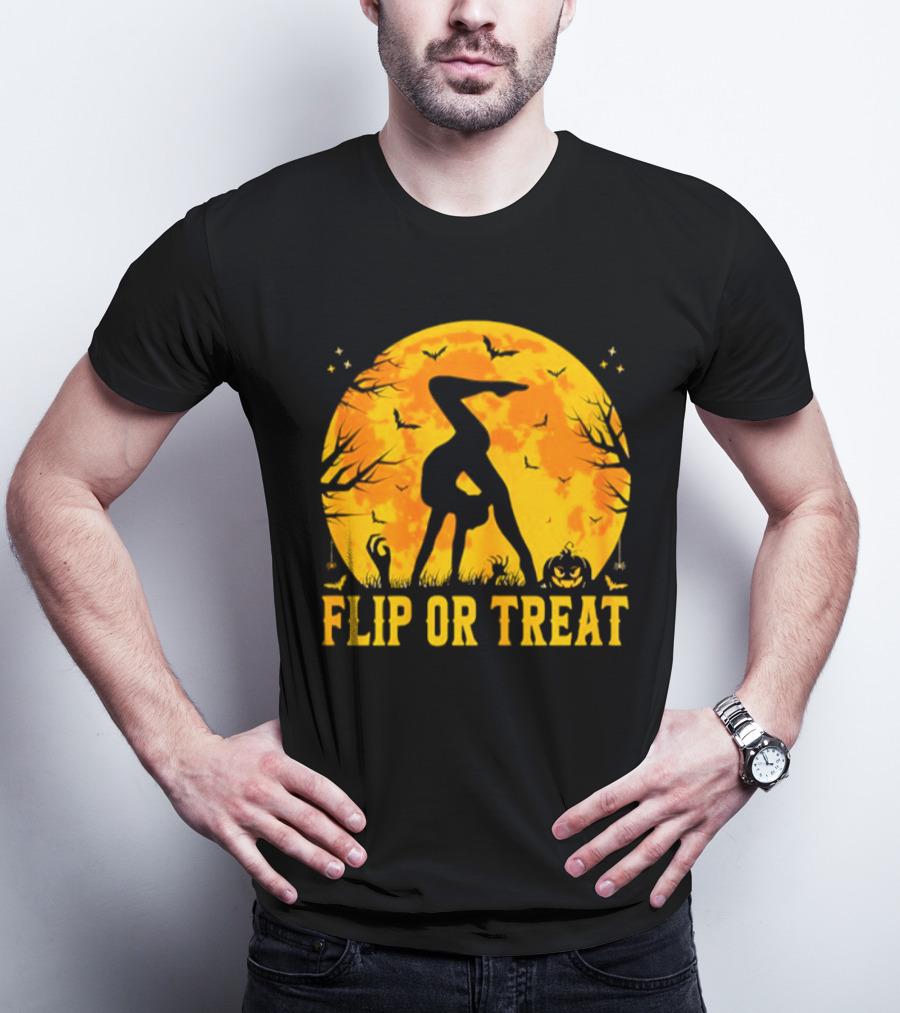 Flip Or Treat Halloween Gymnastics Moon Silhouette Spooky Pumpkin T-Shirt