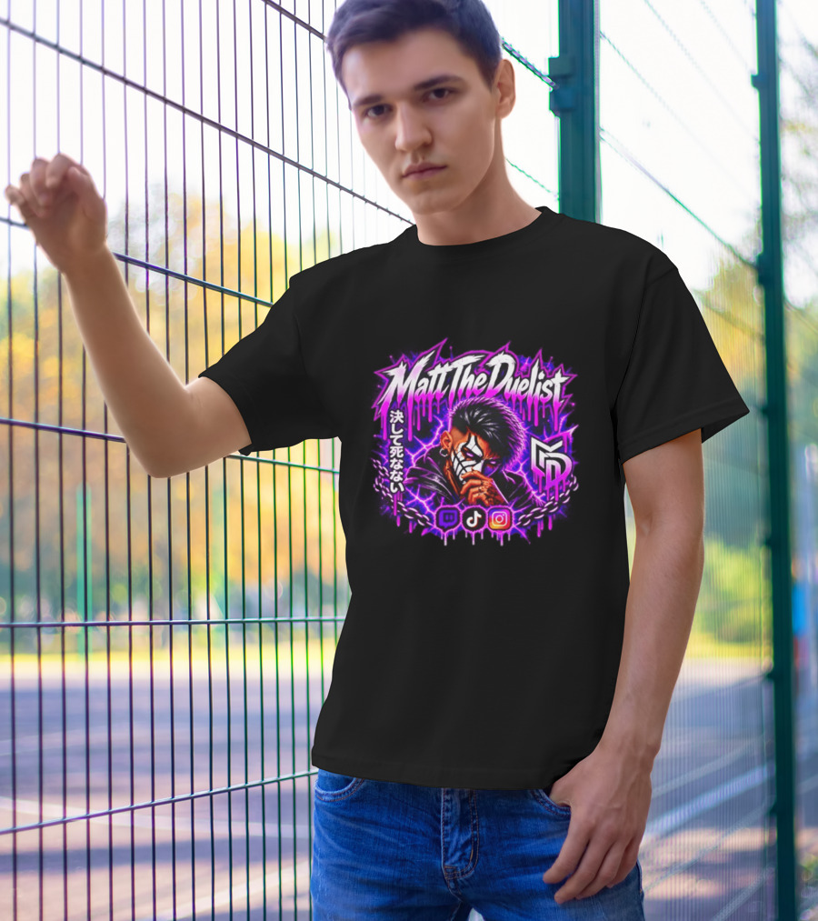 Matt The Duelist Freelance MTD Anime Gamer Mask Neon Purple Kanji T-Shirt