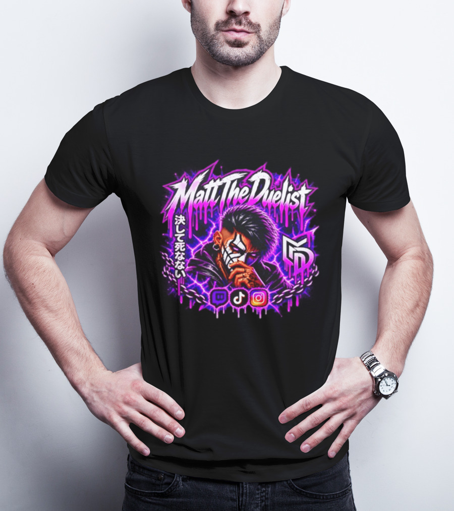 Matt The Duelist Freelance MTD Anime Gamer Mask Neon Purple Kanji T-Shirt