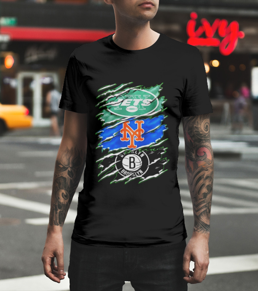 New York Jets Mets Brooklyn Nets Scratch Logo Mashup T-Shirt