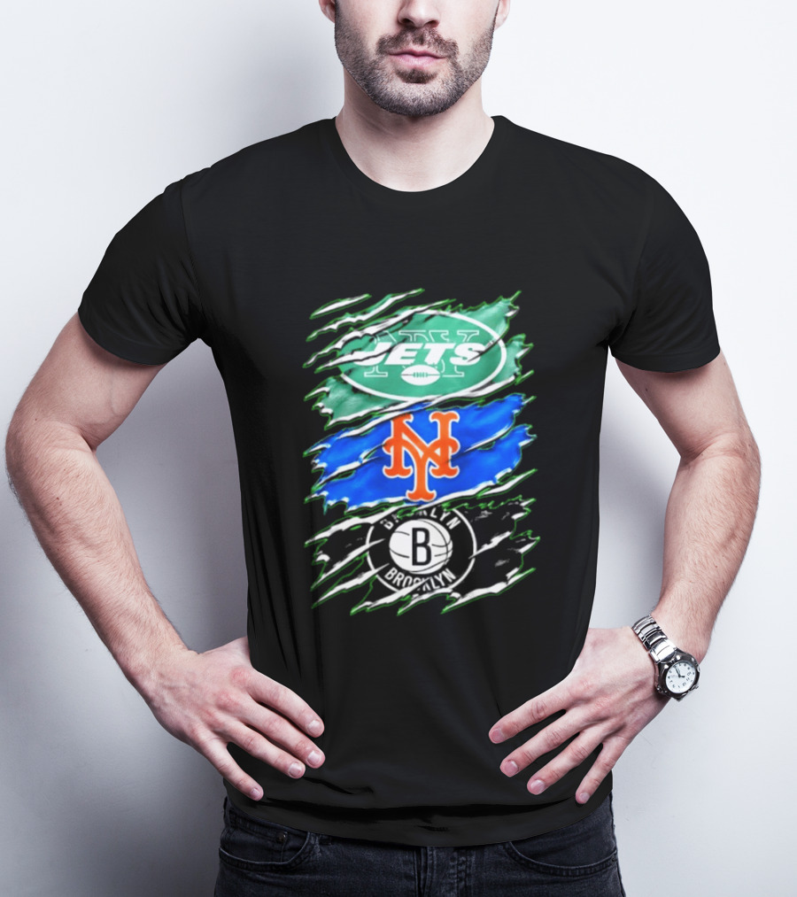 New York Jets Mets Brooklyn Nets Scratch Logo Mashup T-Shirt