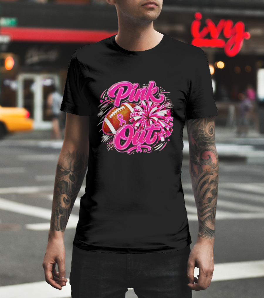 Pink Out Breast Cancer Awareness Football Cheerleading Pom Poms T-Shirt