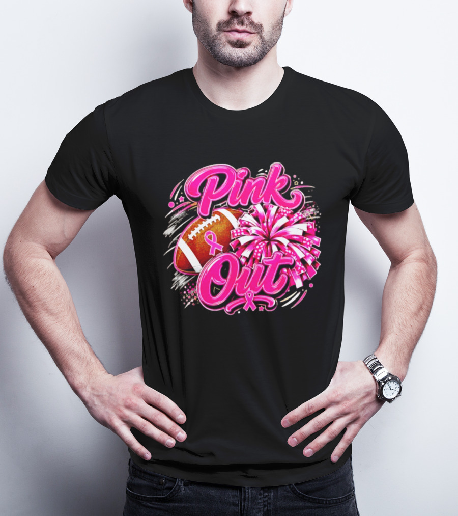 Pink Out Breast Cancer Awareness Football Cheerleading Pom Poms T-Shirt