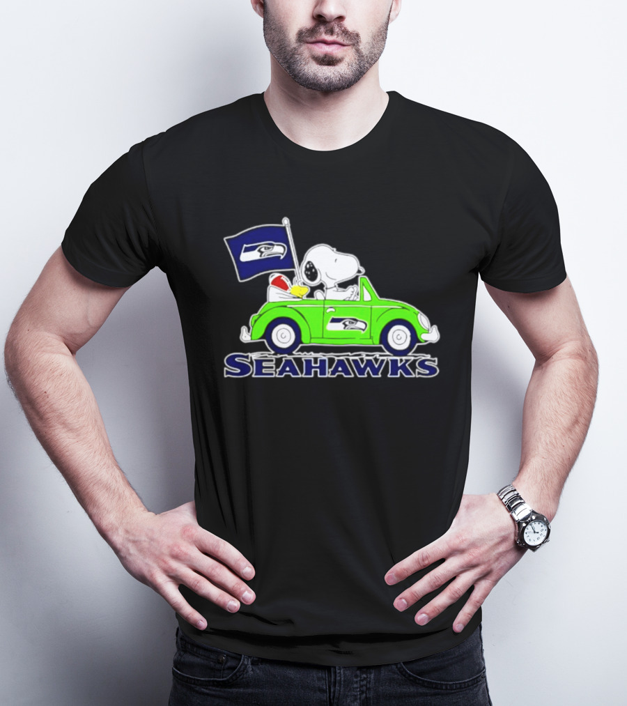 Snoopy In Volkswagen Beetle With Seattle Seahawks Flag 2026 Season T-Shirt