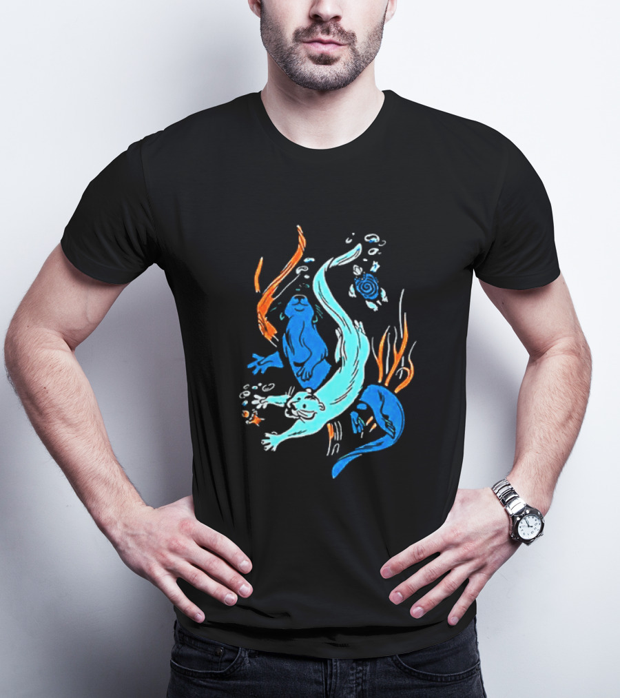 Swimming Otters Sea Life Ocean Nature Wildlife Playful Underwater Scene T-Shirt