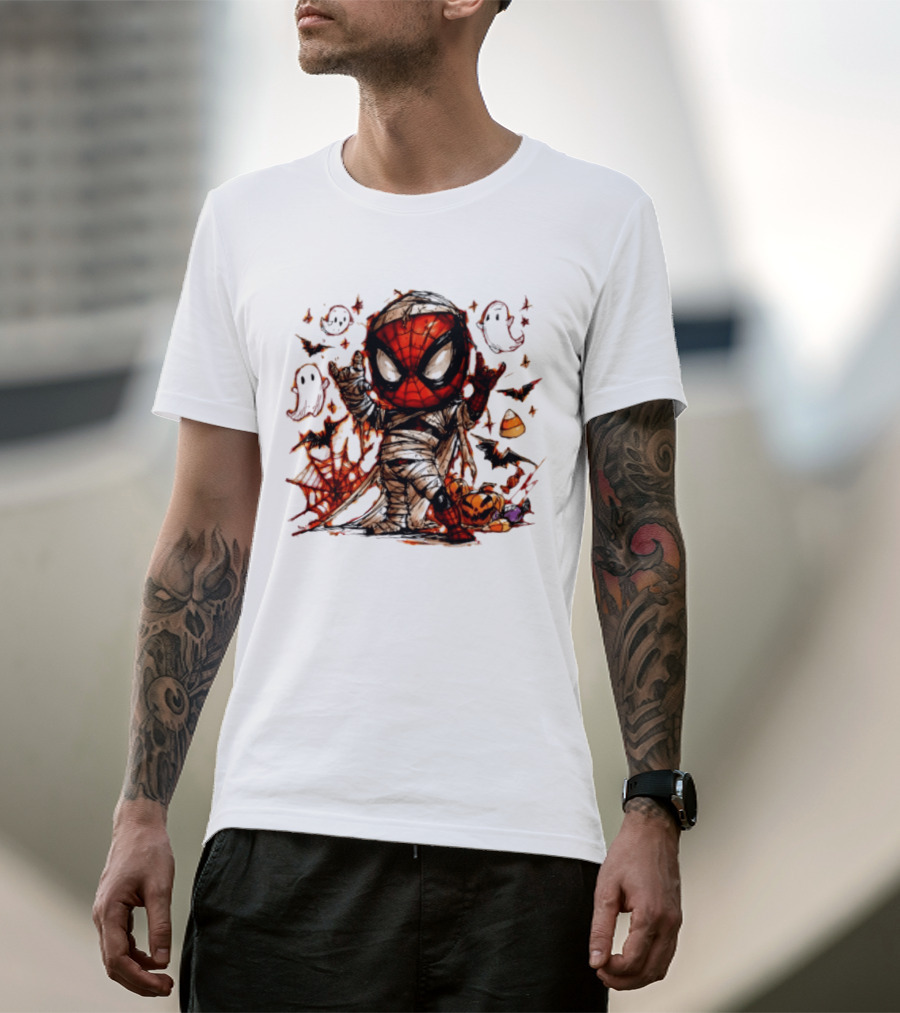 Spider Man Mummy Marvel Halloween Spidey Ghosts Bats Candy Corn Pumpkin T-Shirt