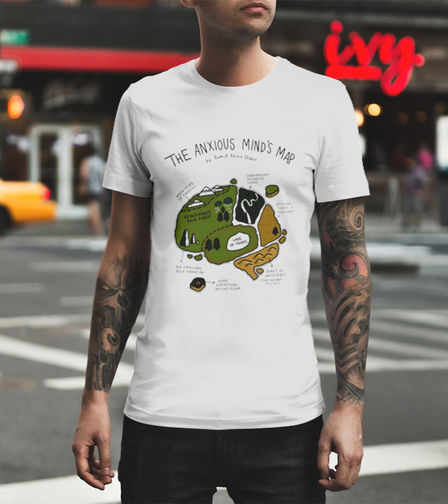 The Anxious Mind's Map Rum & Raisin Studio Reassurance Rain Forest Expectations Plateau Attack Of Panic Peaks T-Shirt