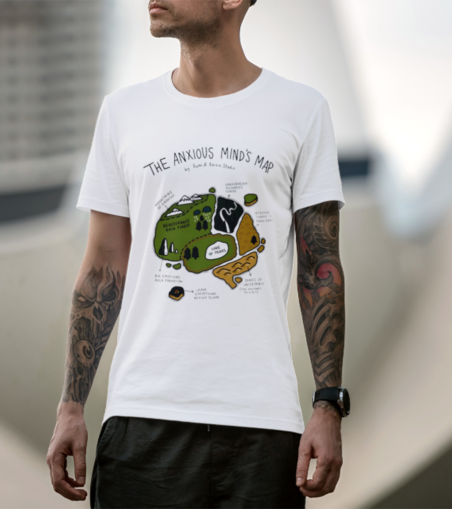 The Anxious Mind's Map Rum & Raisin Studio Reassurance Rain Forest Expectations Plateau Attack Of Panic Peaks T-Shirt