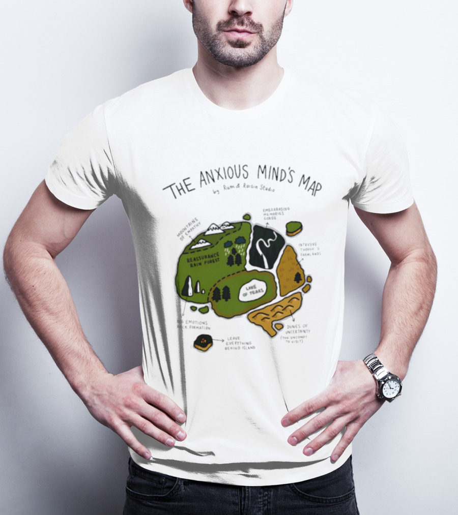 The Anxious Mind's Map Rum & Raisin Studio Reassurance Rain Forest Expectations Plateau Attack Of Panic Peaks T-Shirt