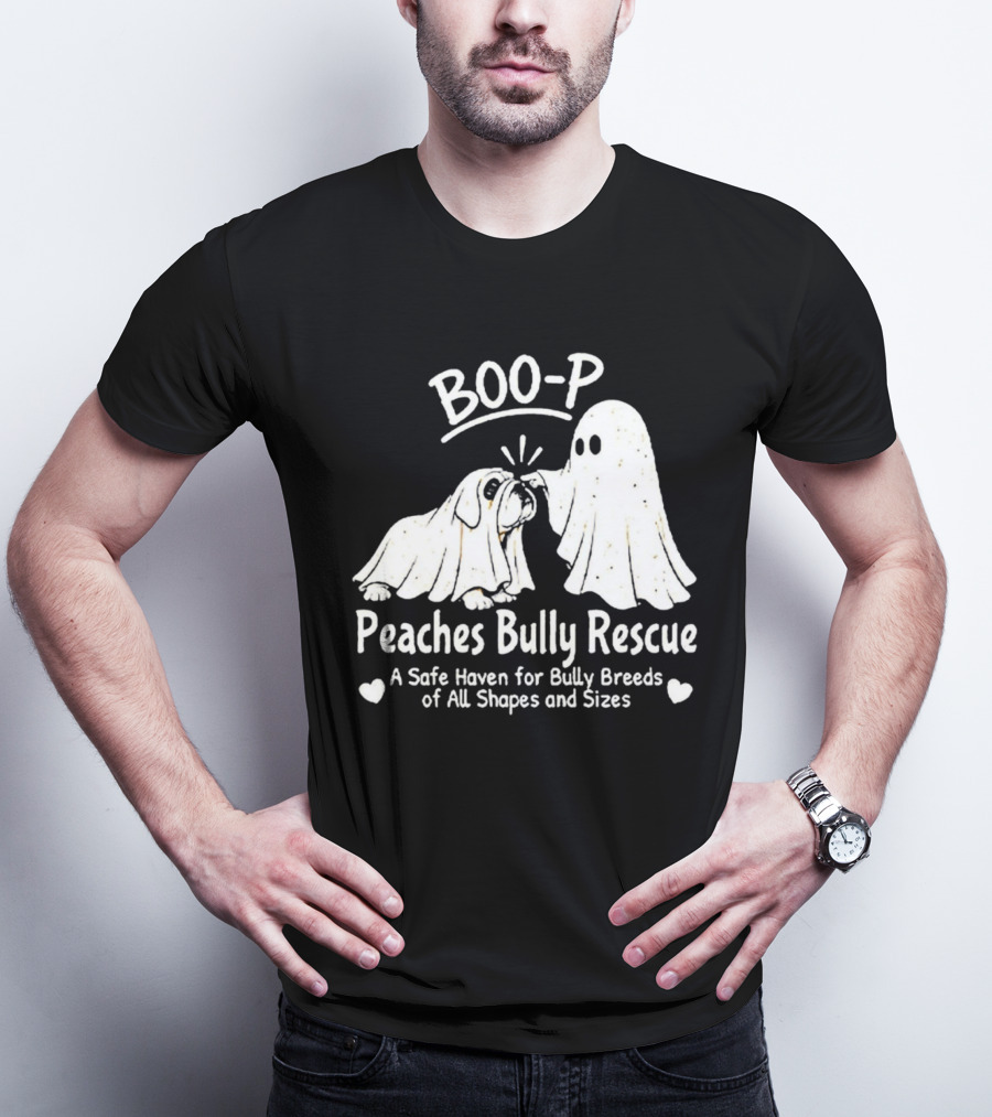 Boo P Peaches Bully Rescue Safe Haven For Bully Breeds Halloween Ghost Dog T-Shirt