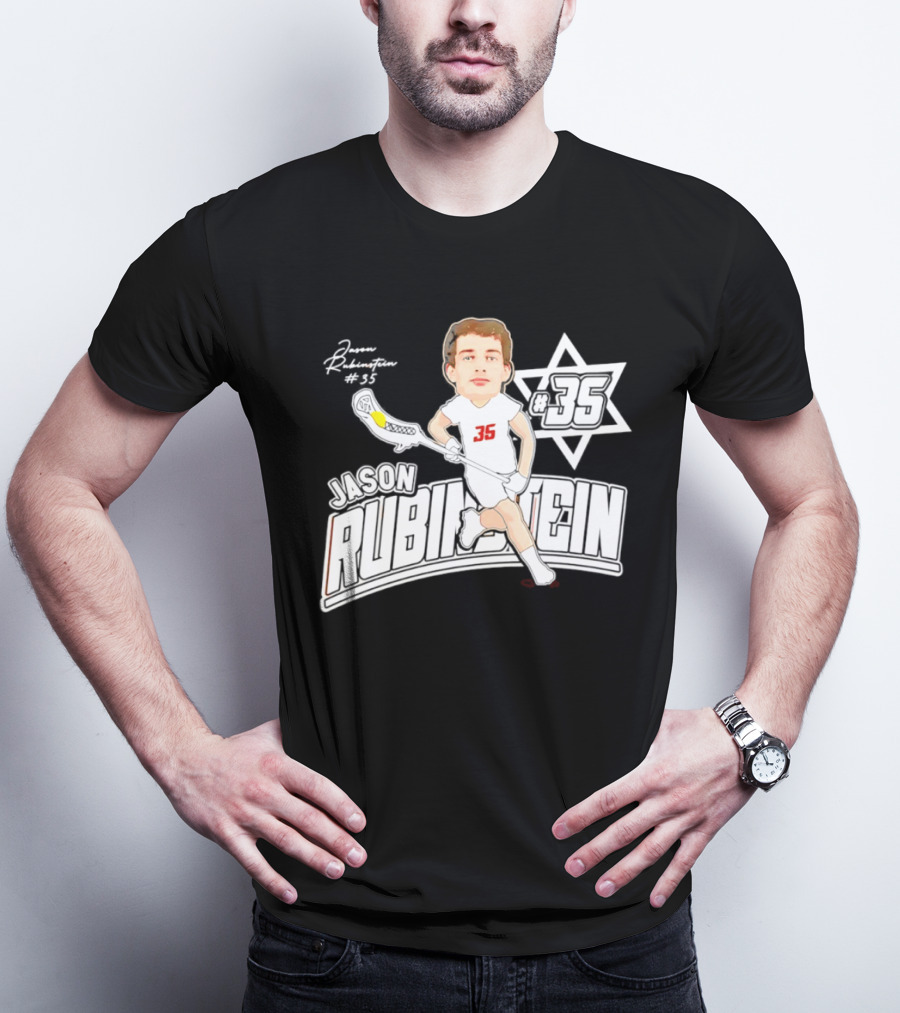 Jason Rubinstein Number 35 Lacrosse Jewish Star Caricature NCAA Rhodes T-Shirt