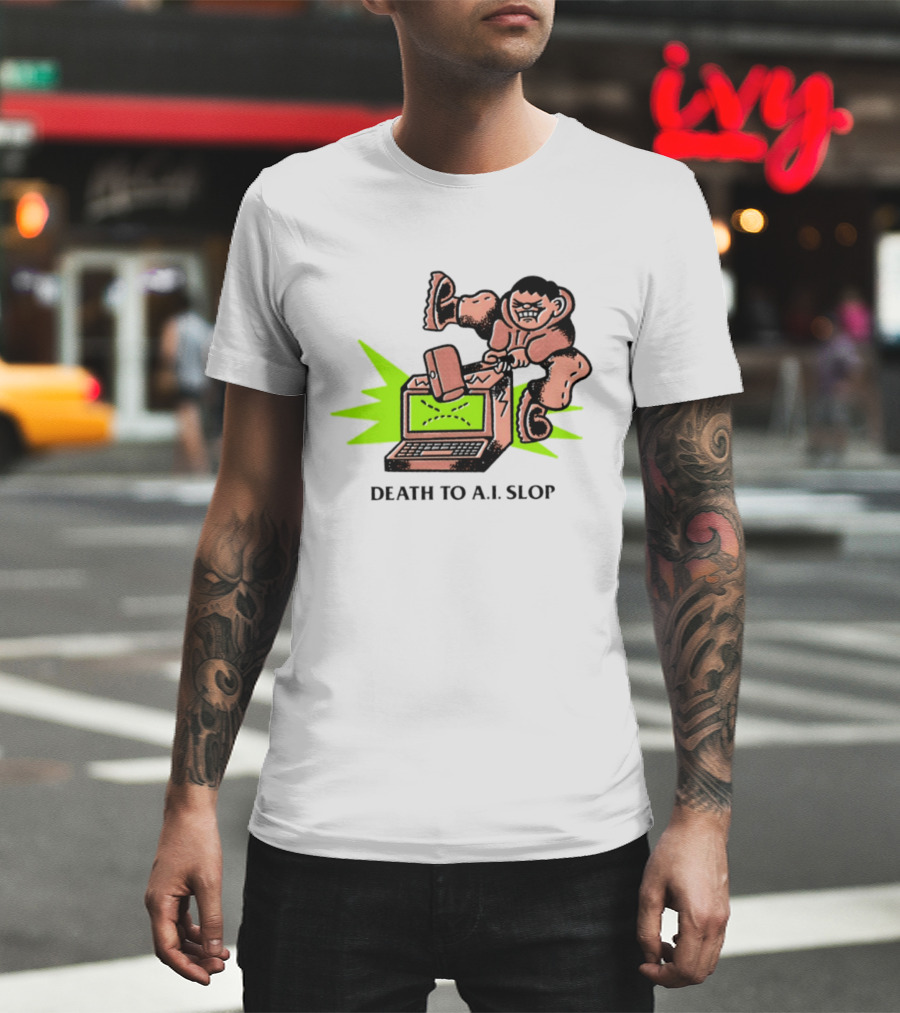 Death To AI Slop Digital Technology Revolution Sledgehammer Laptop Destruction T-Shirt