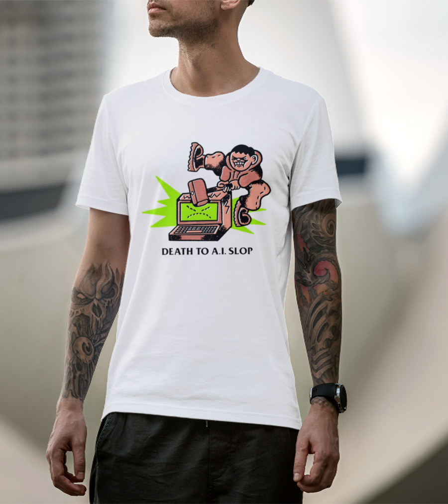 Death To AI Slop Digital Technology Revolution Sledgehammer Laptop Destruction T-Shirt