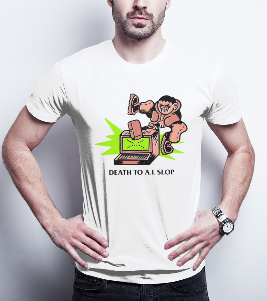 Death To AI Slop Digital Technology Revolution Sledgehammer Laptop Destruction T-Shirt