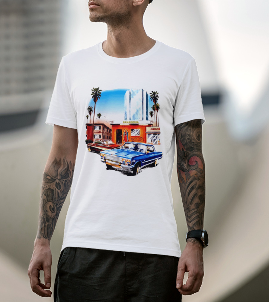 Panaderia Liquor Lowrider Scene With Vintage Cars And Palms T-Shirt