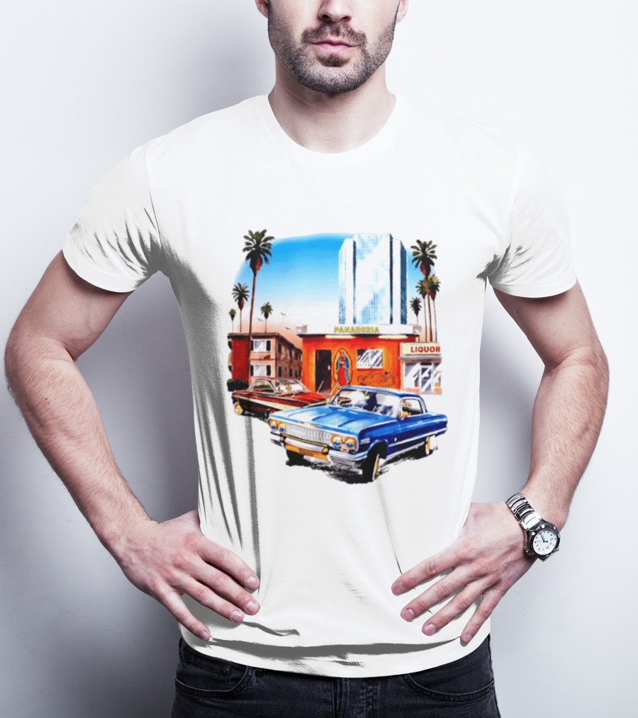 Panaderia Liquor Lowrider Scene With Vintage Cars And Palms T-Shirt