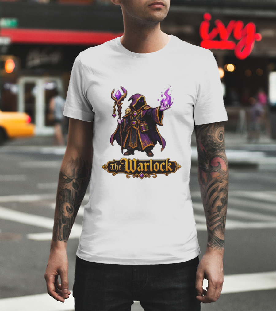 The Warlock Pixel Fantasy Mage RPG Cloaked Wizard With Staff And Magic Spell T-Shirt