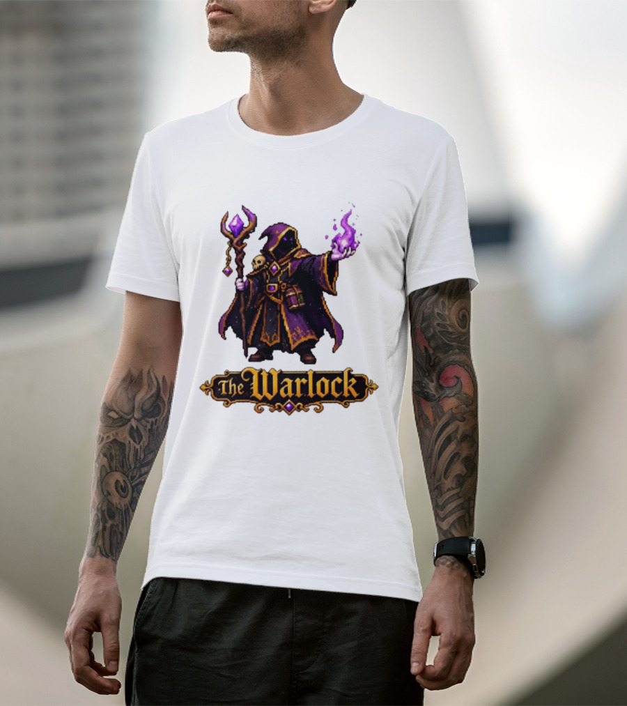The Warlock Pixel Fantasy Mage RPG Cloaked Wizard With Staff And Magic Spell T-Shirt