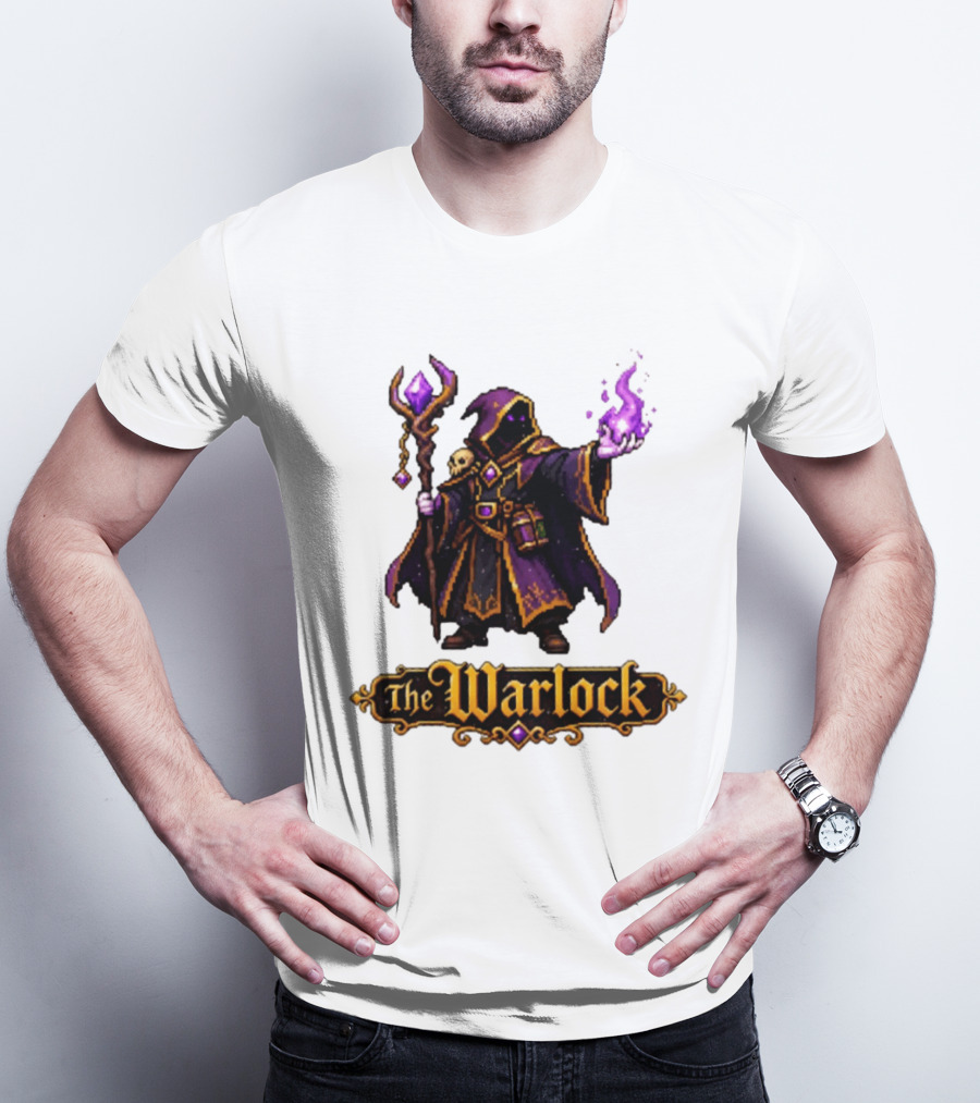 The Warlock Pixel Fantasy Mage RPG Cloaked Wizard With Staff And Magic Spell T-Shirt