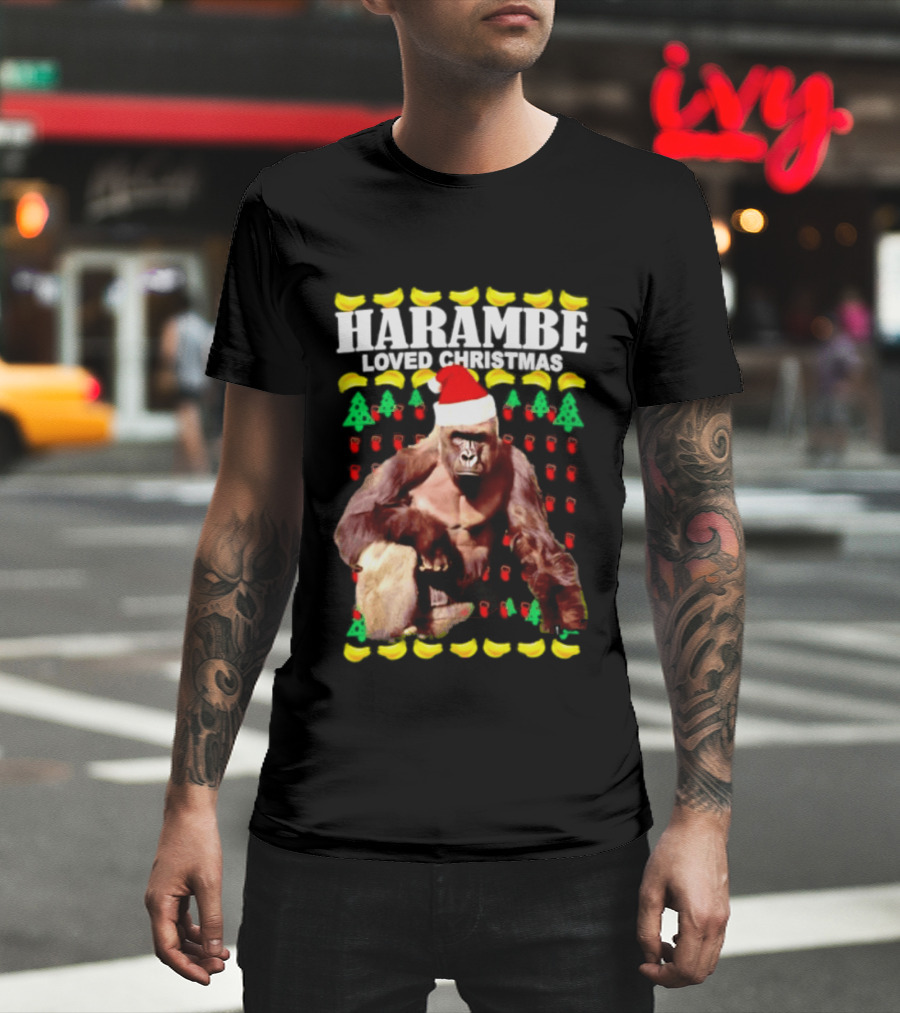 Harambe Loved Christmas Gorilla In Santa Hat With Bananas And Trees T-Shirt