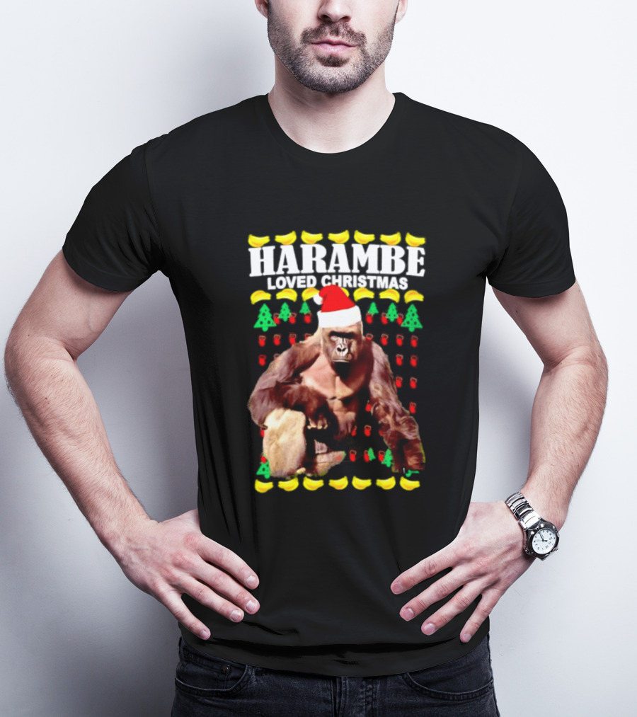 Harambe Loved Christmas Gorilla In Santa Hat With Bananas And Trees T-Shirt