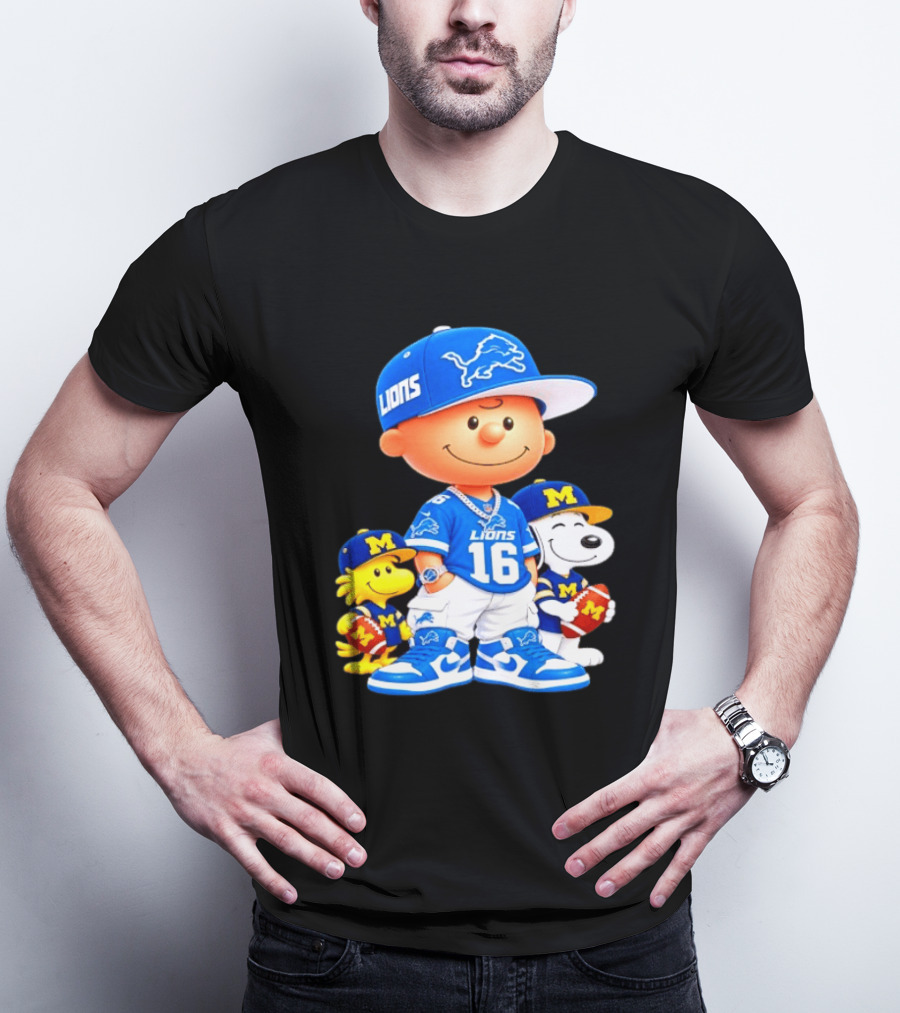 Charlie Brown Snoopy Woodstock Detroit Lions Michigan Wolverines Football Fan 16 T-Shirt