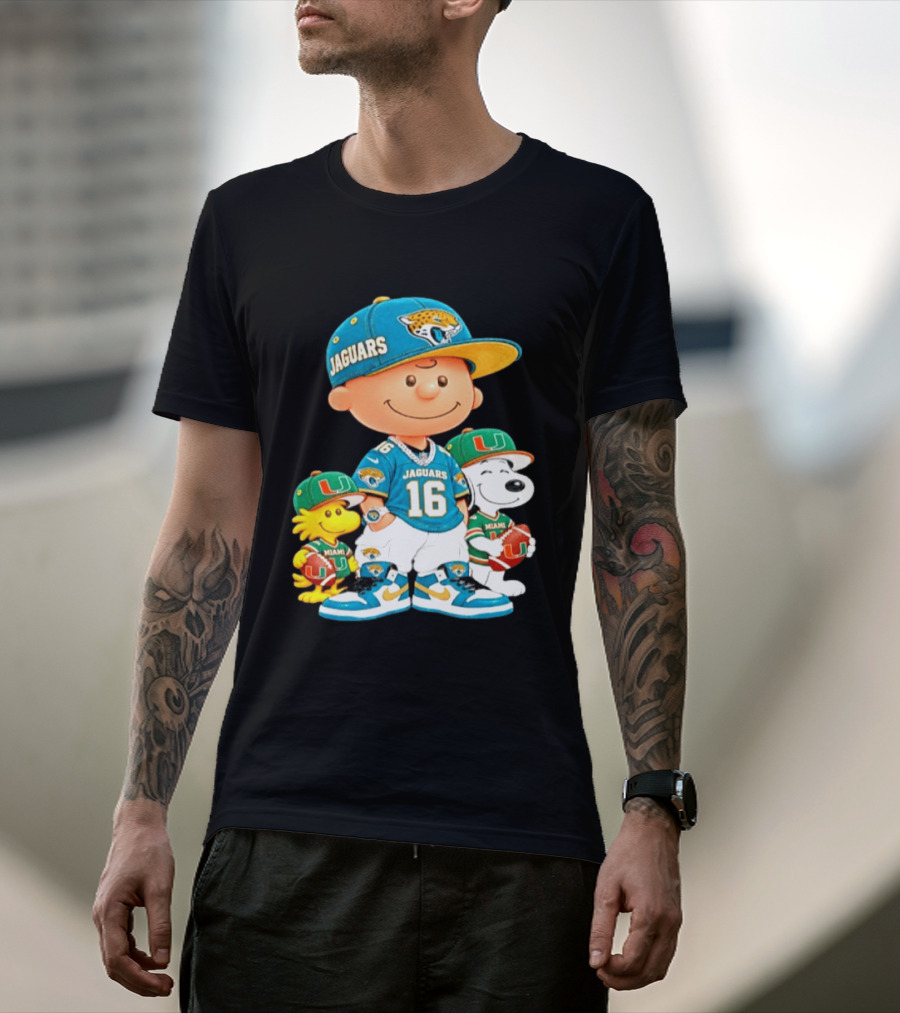 Peanuts Charlie Brown Snoopy Woodstock Jacksonville Jaguars Miami Hurricanes Football Fan Gear T-Shirt