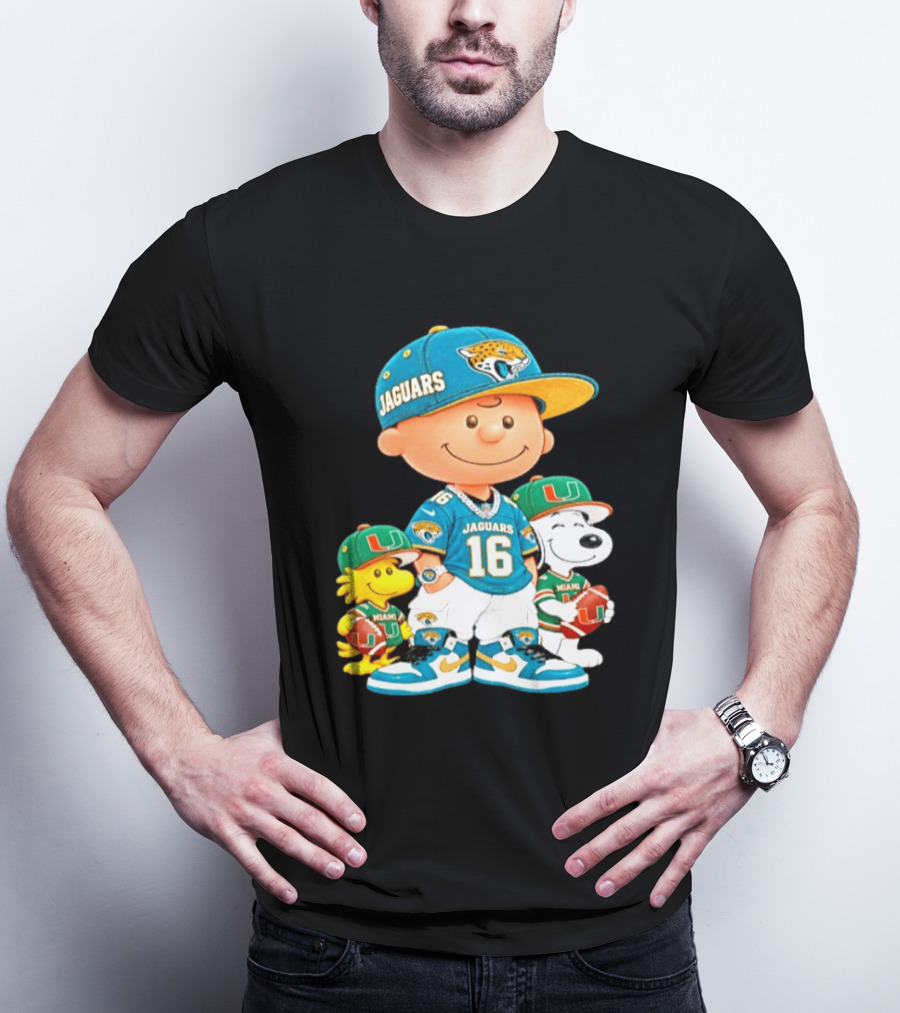 Peanuts Charlie Brown Snoopy Woodstock Jacksonville Jaguars Miami Hurricanes Football Fan Gear T-Shirt