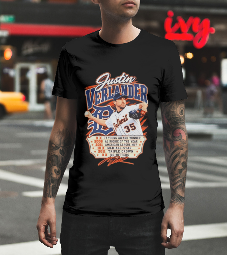 Justin Verlander Detroit Tigers Career 3x Cy Young Award Winner AL Rookie Of The Year 2011 American League MVP MLB All Star Triple Crown No Hitters T-Shirt