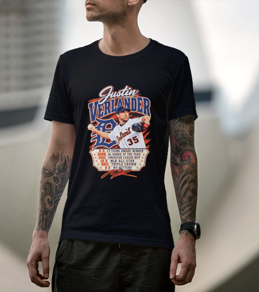 Justin Verlander Detroit Tigers Career 3x Cy Young Award Winner AL Rookie Of The Year 2011 American League MVP MLB All Star Triple Crown No Hitters T-Shirt