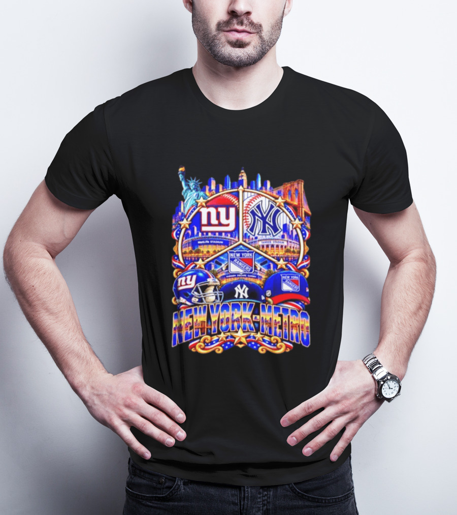 New York Metro Giants Yankees Rangers Skyline Stadium Statue Liberty T-Shirt