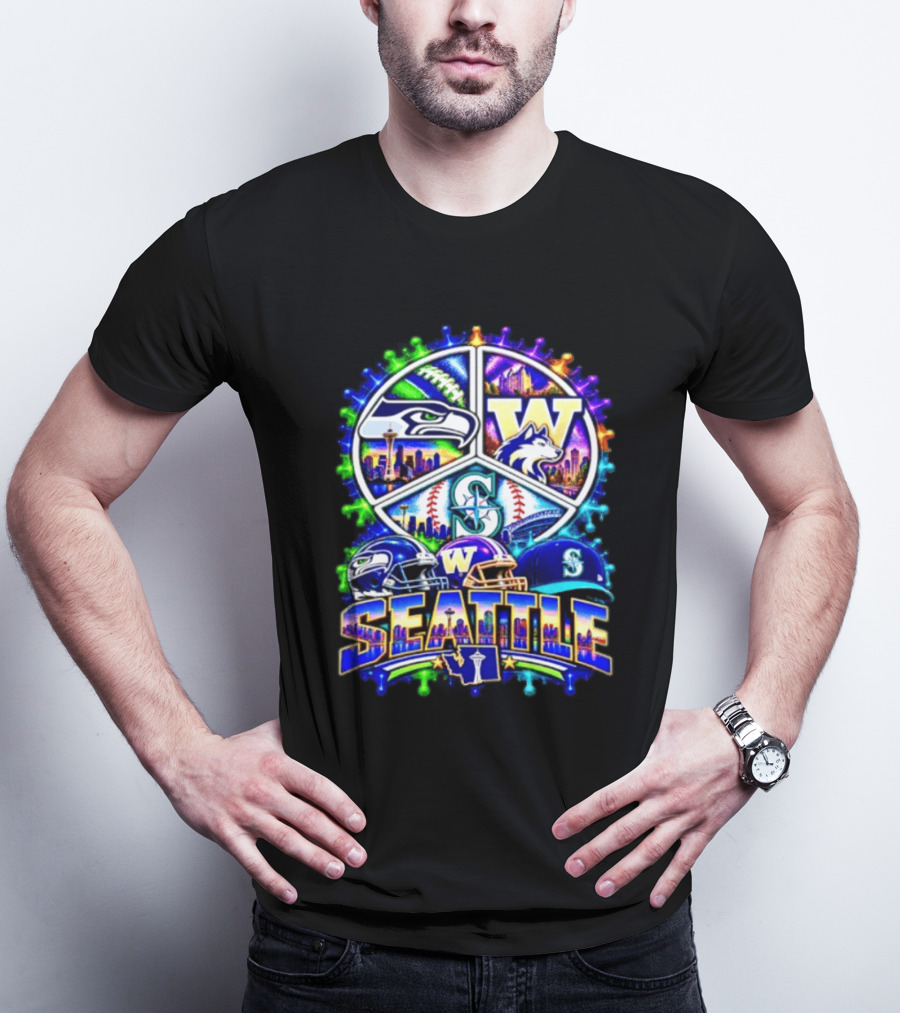 Seattle Seahawks Washington Huskies Mariners Skyline Sports Team Collection T-Shirt