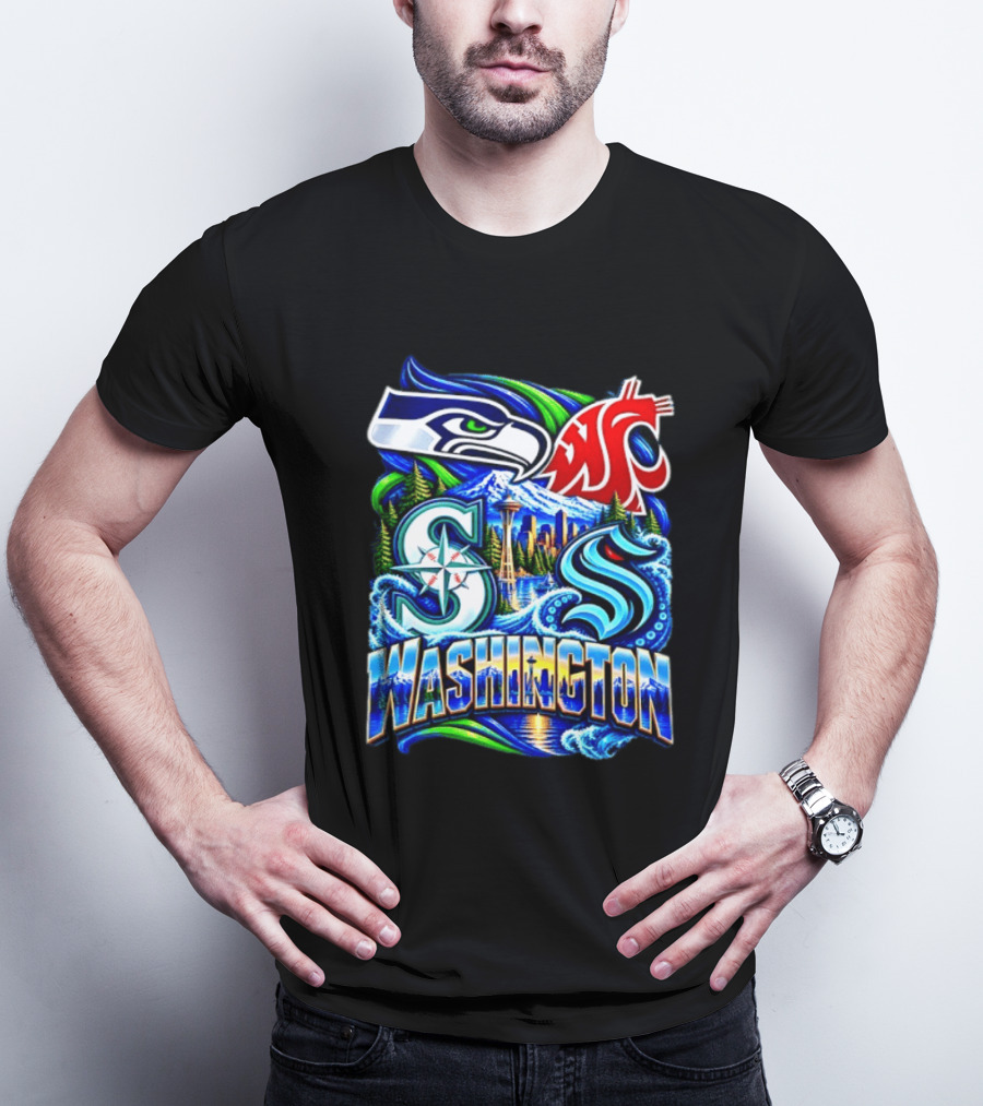 Seattle Seahawks Washington State Cougars Mariners Kraken Washington Skyline T-Shirt