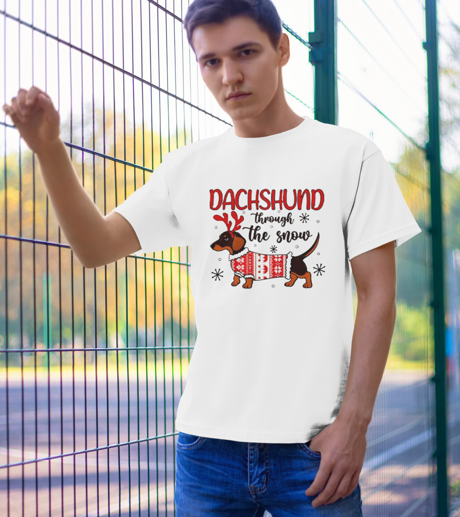 Dachshund Through The Snow Christmas Dog Lover Reindeer Antlers Winter Holiday Sweater T-Shirt