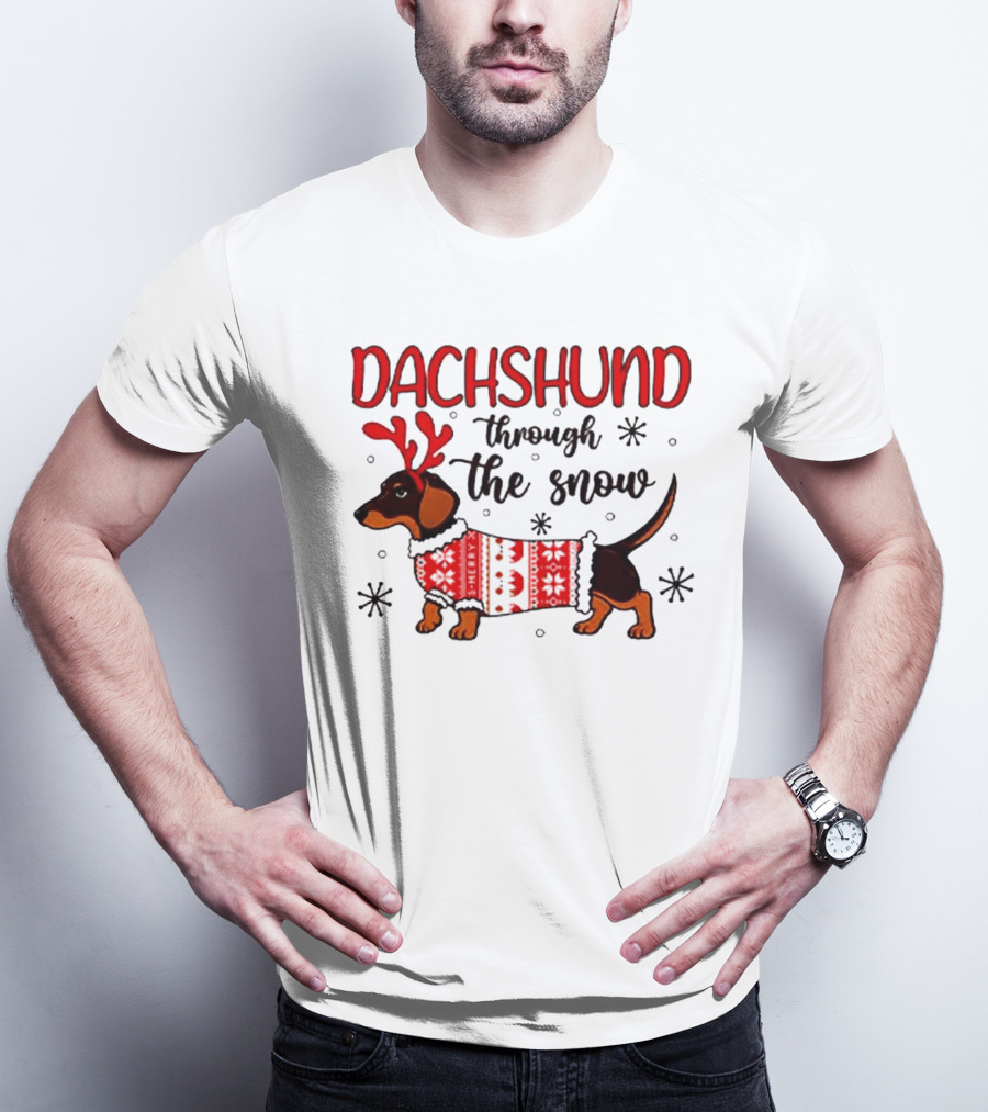 Dachshund Through The Snow Christmas Dog Lover Reindeer Antlers Winter Holiday Sweater T-Shirt