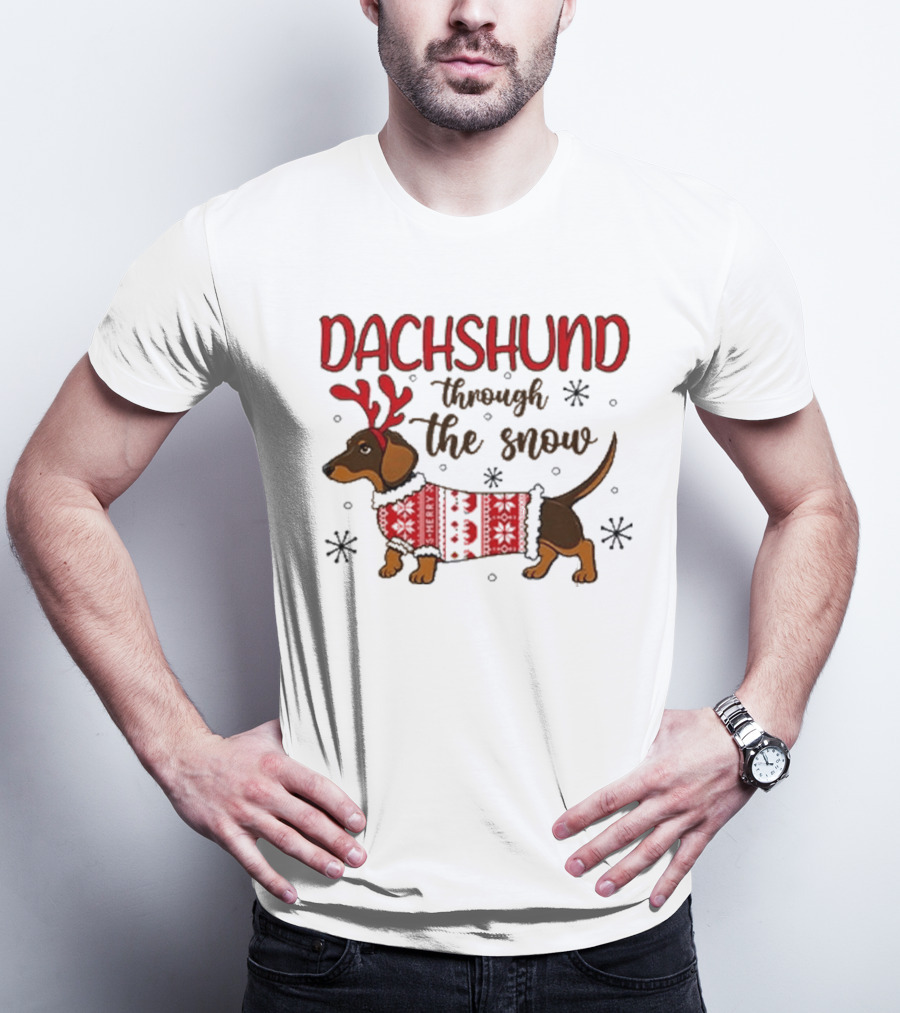 Dachshund Through The Snow Christmas Sweater Reindeer Antlers T-Shirt